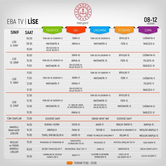 EBA TV 8-12 Haziran Uzaktan eğitim ders programı! İlkokul - Ortaokul ... EBA TV 8-12 Haziran Uzaktan eğitim ders programı! İlkokul - Ortaokul ...