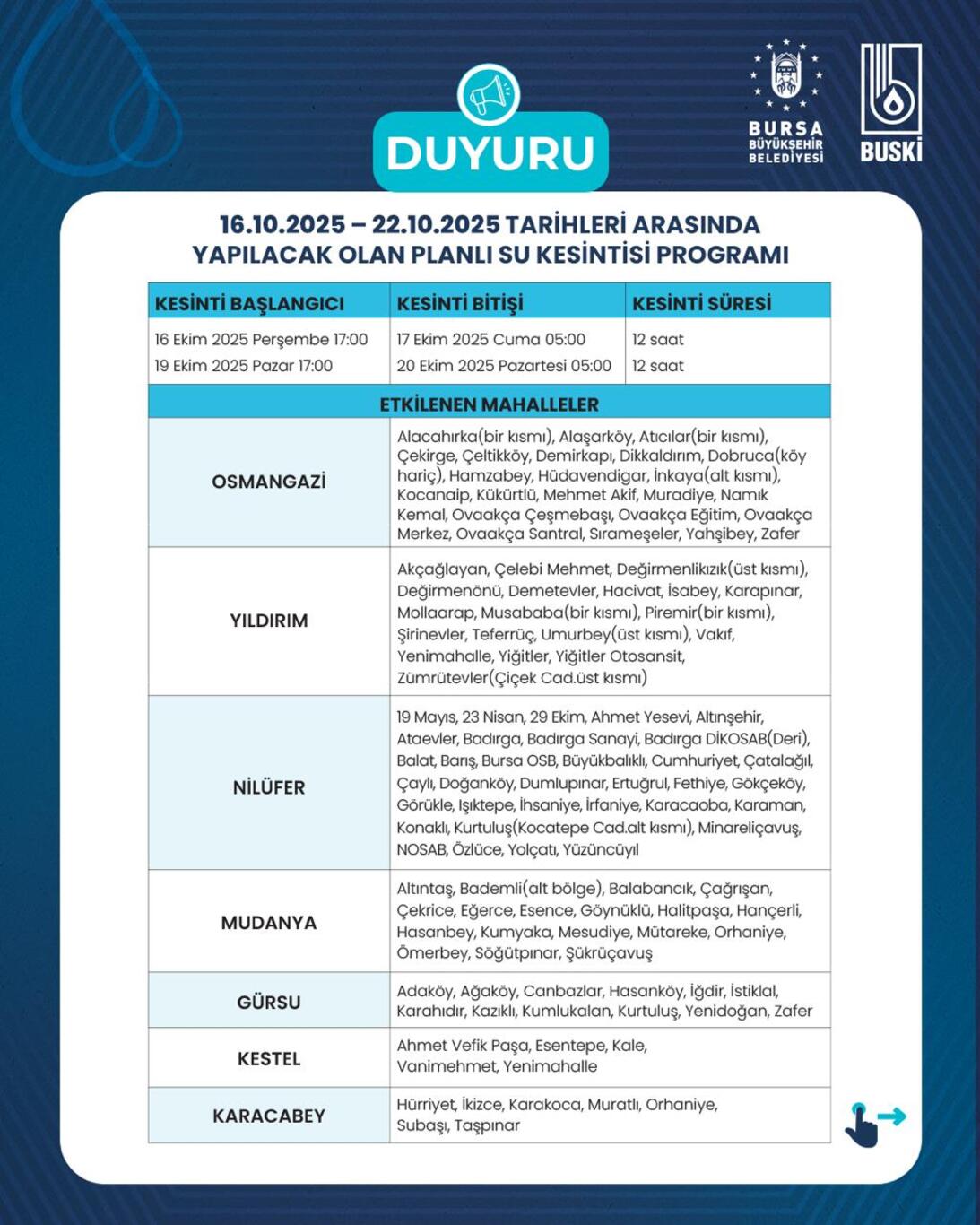 BUSKİ PLANLI SU KESİNTİSİ PROGRAMI 16-22 EKİM 2025: Bursa'da sular ne ...